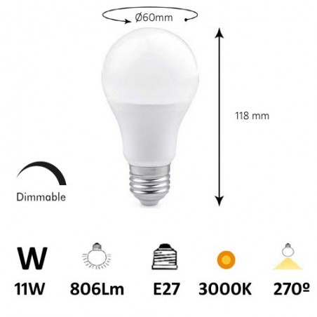 Bombilla LED 11W E27 Regulable 3000K 230V Luz Cálida Standard 806 lm
